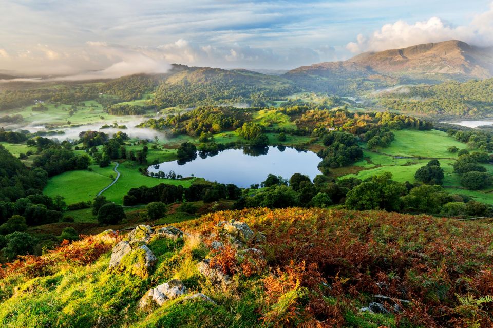 A view of Loughrigg Tarn from Loughrigg Fell in autumn.